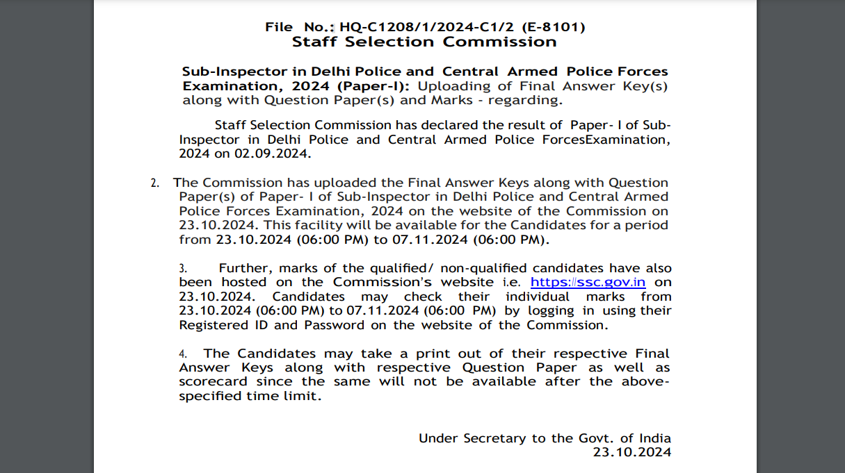 SSC CAPF 2024 Final answer key, marks announced for Paper I at ssc.gov ...